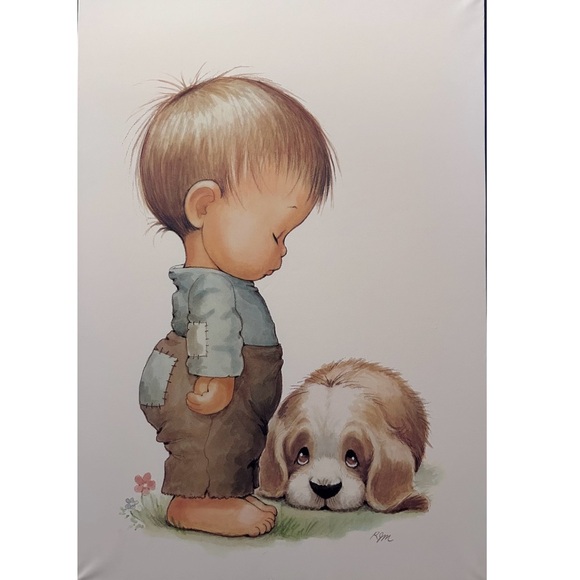 Ruth Morehead | Art | Vintage Cute Boy With Puppy Poster On Wood By ...